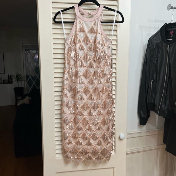 Dresses | Ryse The Label Rose Gold Fringe Midi Sequin Halter Dress ...